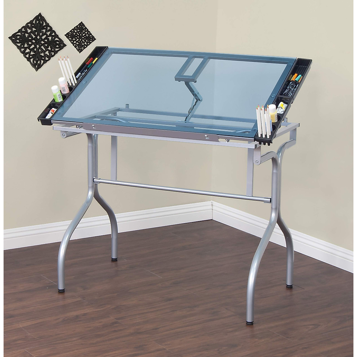 Studio Designs Folding Modern Glass Top Adjustable Drafting Table Craft Table Drawing Desk Hobby Table Writing Desk Studio Desk, 35.25" W x 23.75" D, Silver / Blue Glass