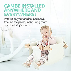 CaTeam - Canvas Baby Swing, Wooden Hanging Swing Seat Chair with Safety Belt, Durable Baby Swing Chair, Outdoor and Indoor Swing for Kids, Mounting Hardware Included, Ivory