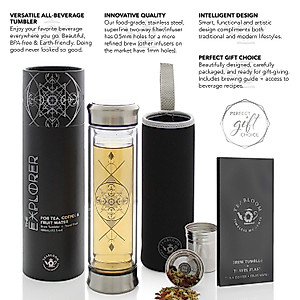 Teabloom All-Beverage Infusion Bottle – 14 oz / 400 ml – Double Wall Insulated Glass Travel Flask – Hot Tea & Cold Brew Coffee Thermos – Removable Sleeve