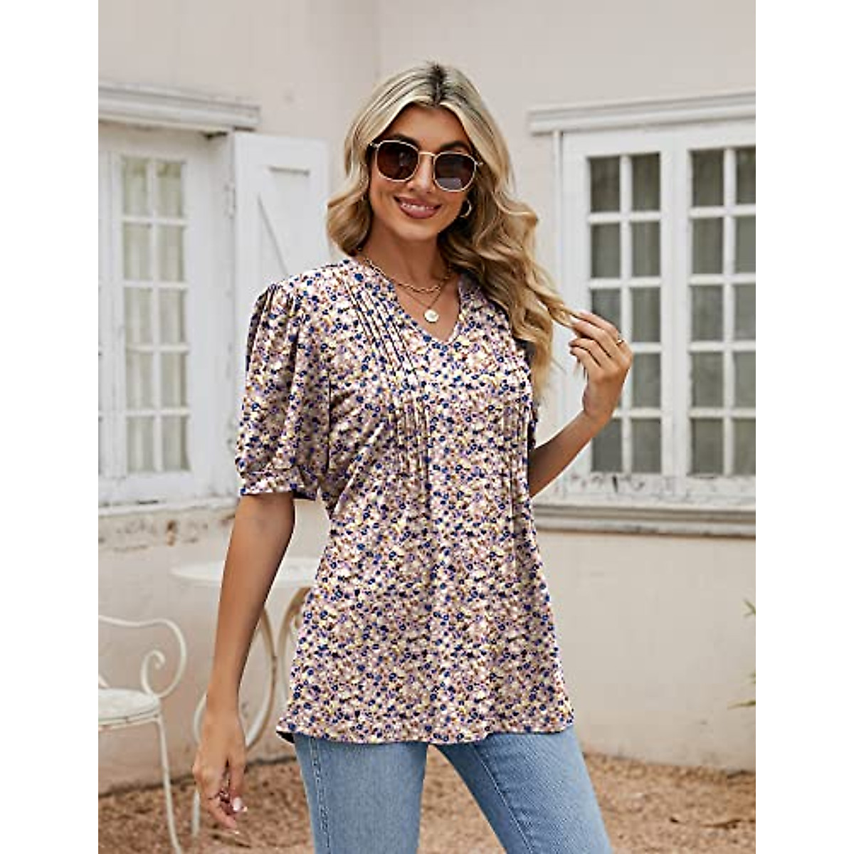 Womens V Neck Shirts Short Sleeve Summer Tops Puff Pleated Casual Tunic Blouses Floral Pink XXL