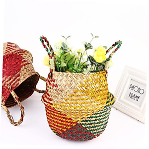 HOMSFOU storage bins foldable laundry basket rustic decor laundry basket foldable Seagrass Belly Basket Seagrass Belly Planter Basket rattan storage basket Wooden seaweed flowers baby