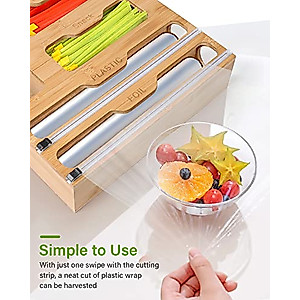 KOCWELL Bag Storage Organizer and Plastic Wrap Dispenser with Cutters, 2 Foil and Plastic Wrap Organizer, 4 Ziplock Bag Holder for Gallon, Quart, Sandwich Snack Variety Size Bags, Bamboo