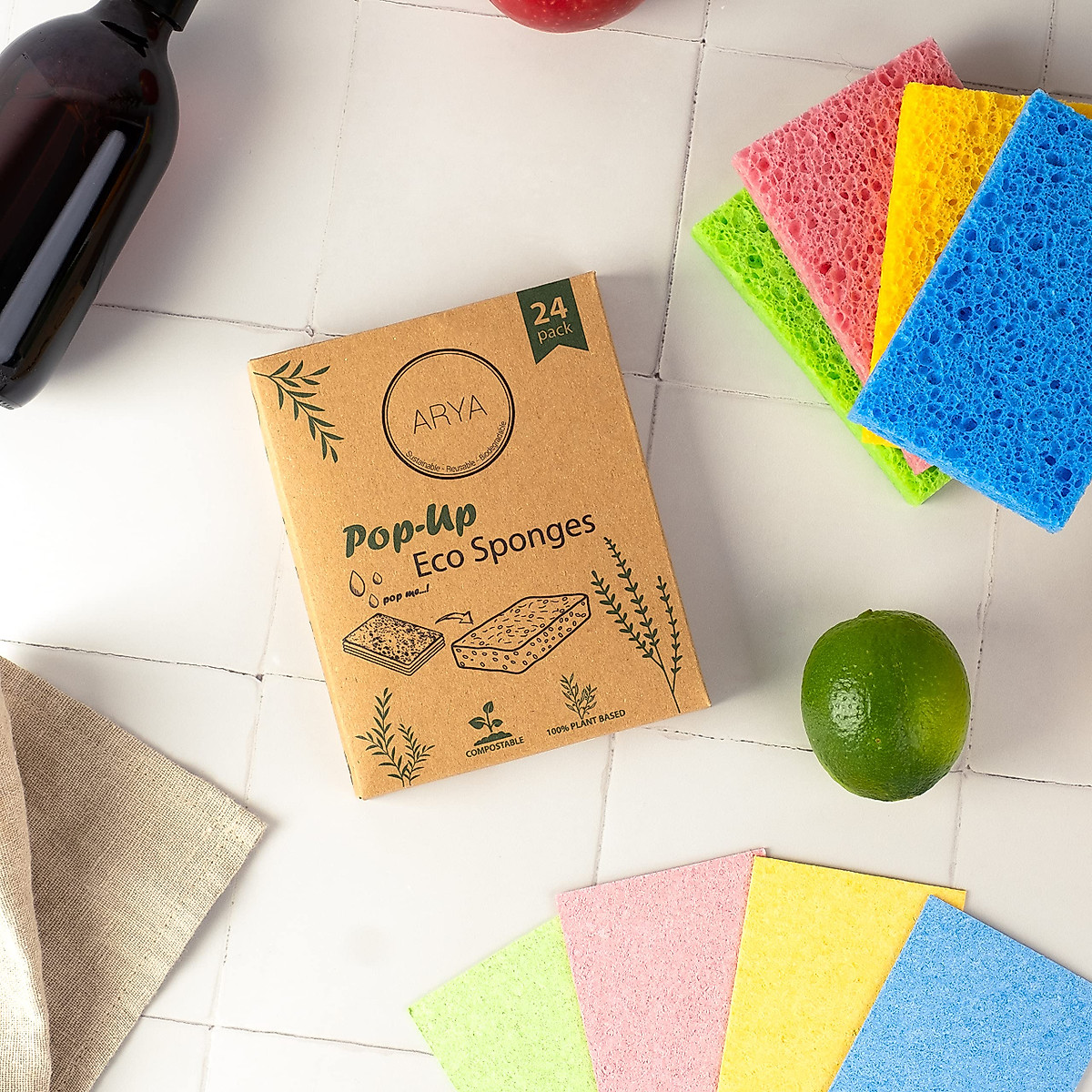 ARYA. | Pop-Up Eco Sponges 24 Pack | Natural Cellulose | Compostable & Biodegradable | Compressed Kitchen & Bathroom Sponges | Plastic-Free & Non-Scratch (24)