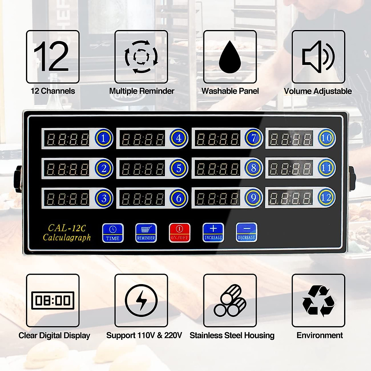 12 Channels Commercial Kitchen Timer Digital Display with Loud Alarm Adjustable Cooking Reminder for Home Restaurant, Multiple Channels for Twelve Multi-Event, Waterproof Fryer Turkey Timer, Black