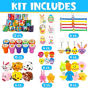 Easter Basket Stuffers - 60 Pack Easter Egg Fillers - Easter Gifts with Squishy Slap Bracelets Stamps Cars Rings Tattoos Keychains Puffer Fidget Toys Party Favors Classroom Prizes Boys Girls Kids