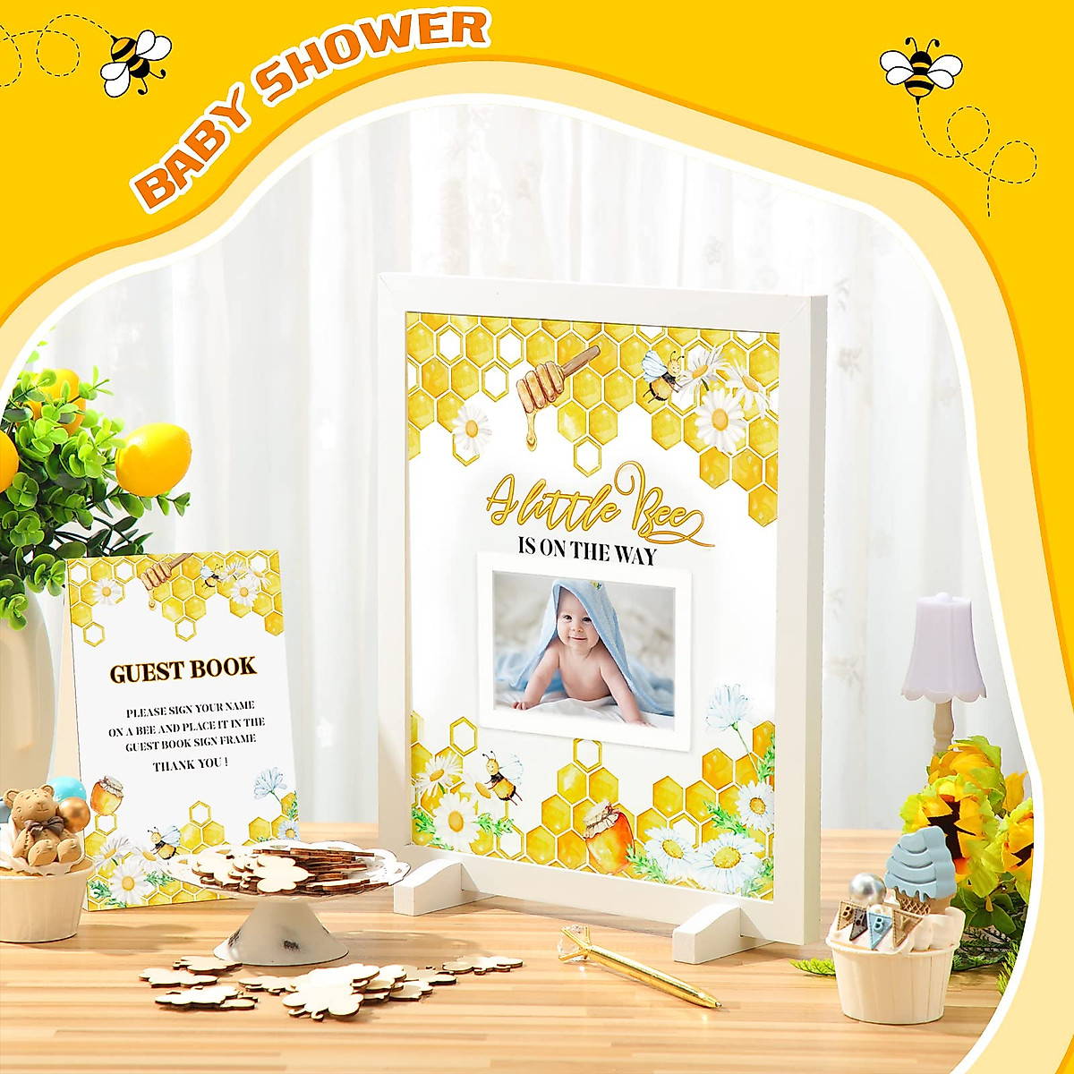 Kigley 65 Pcs Bee Baby Shower Guest Book Alternatives Baby Shower Decorations Baby Shower Guestbook with Wood Slice for 60 Guests Baby Keepsake Signature Book Picture Frame for Birthday