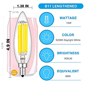 CRLight 10W High Brightness Dimmable LED Candelabra Bulb 5200K Daylight White, 90W Equivalent 900LM E12 LED Bulbs, Upgraded Lengthened B11 Clear Glass Chandelier Light Bulbs, 4 Pack