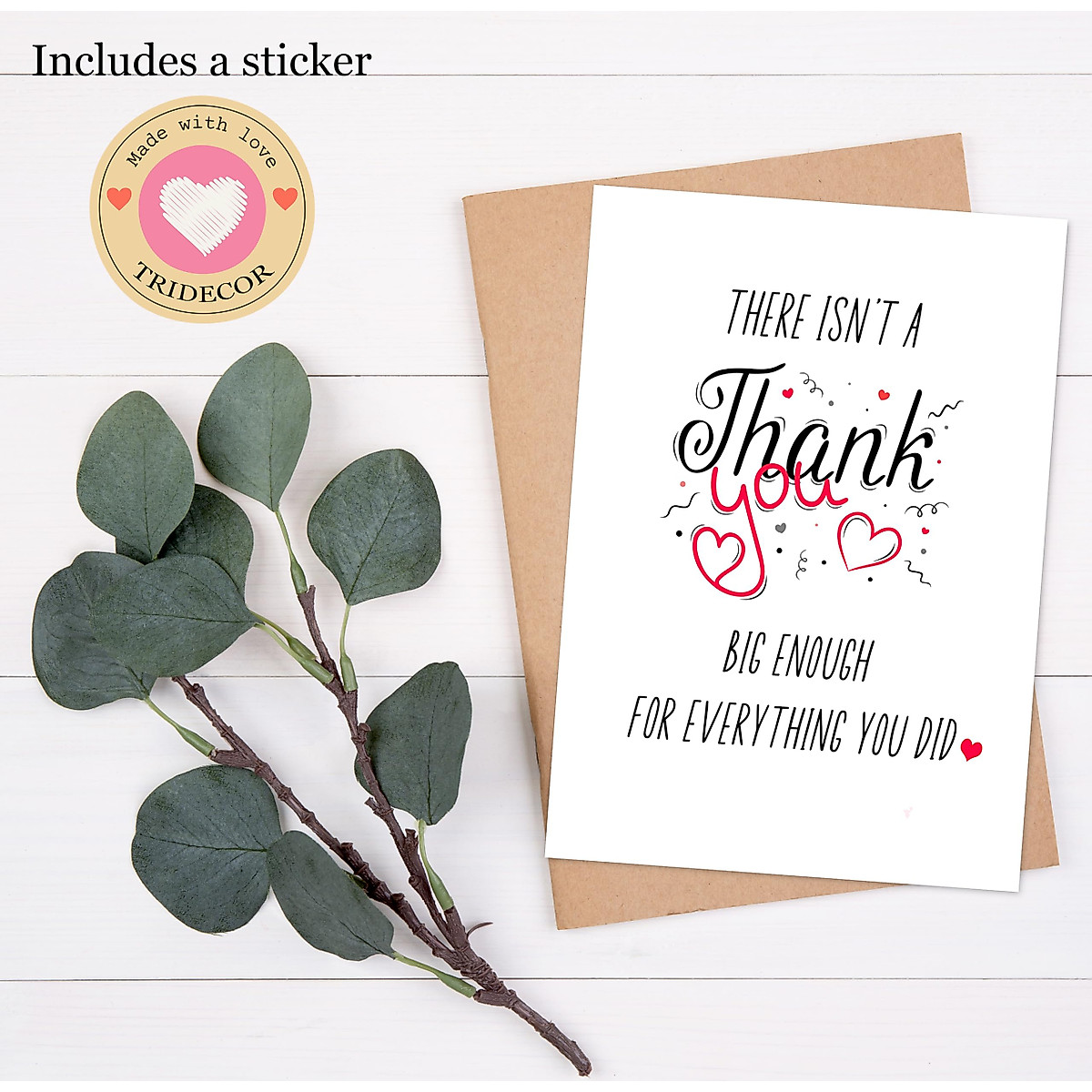 TRIDECOR Thank you Card with Envelope, Simple Cute Single Thankful Card, Grateful Gratitude Card - Folded 5"x7" Card for Him, Her, Teacher, Boss, Doctor, Mom, Dad, Coworker, Bridesmaids, Groomsmen