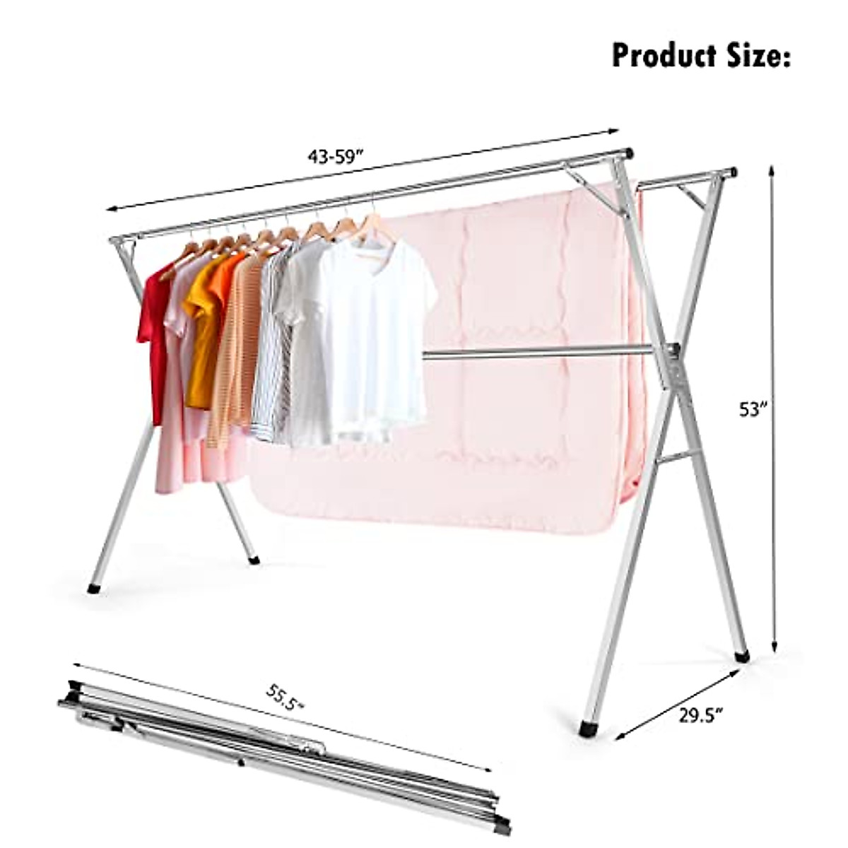 Kdpranky Clothes Drying Rack, Heavy Duty Foldable Laundry Drying Rack, Retractable Space Saving Drying Rack, Stainless Steel Garment Rack for Indoor and Outdoor Use, 1.5M/59IN