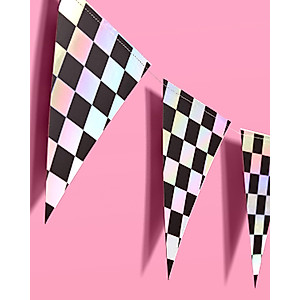 xo, Fetti Checkered Black and Iridescent Party Decorations Flag Banner - Set of 4, 32 Ft | Bachelorette Party Disco Garland, Monster Truck Birthday Party Supplies, Racecar Kids Decor