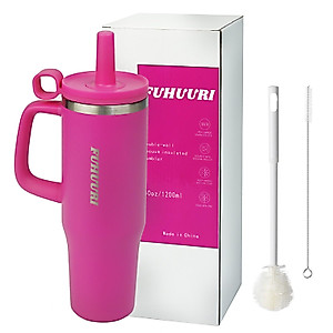 FUHUURI 40oz Stainless Steel Tumbler with Handle,Straw Lid,Double Wall Insulated, Keep Drinks Cold or Hot,Cupholder Friendly (Rose red)
