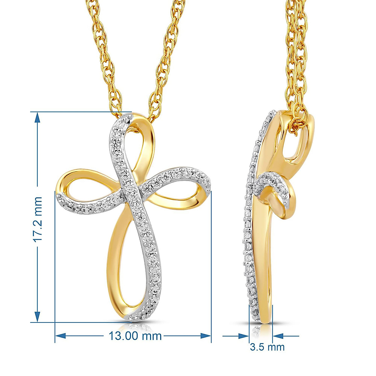 Jewelili 10K Yellow Gold 1/10 Cttw Natural White Round Diamond Cross Pendant Eternal Treasures Necklace, 18" Gold Filled Rope Chain