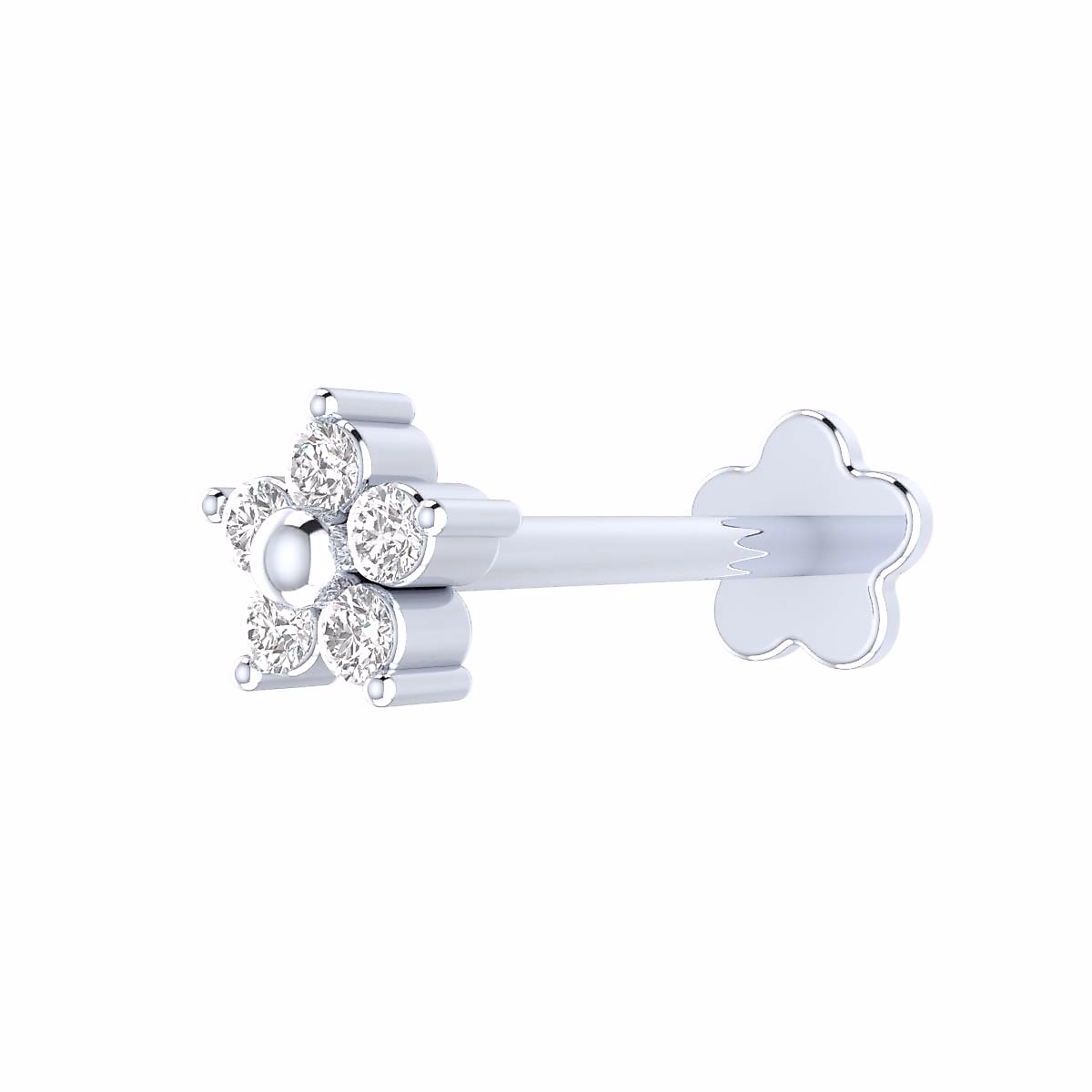 Demira Jewels Natural Diamond 14K White Gold 5-Stone Natural Diamond Flower Nose Pin, Lip Labret, Monroe Ring, Stud, Screw - 8mm Long, 16 Gauge