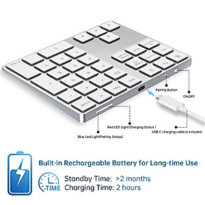 HoRiMe Bluetooth Number Pad, Rechargeable Wireless Numeric Keypad Slim 34-Keys Aluminum Number Keypad External Data Entry Compatible for Laptop