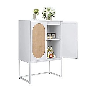 AWQM Natural Rattan 2 Door High Cabinet,Sideboard Buffet Cupboard Accent Cabinet,Adjustable Shelves,Free Standing Bookmatch,Easy Assembly,26.77" L x 15.75" W x 41.34" H,White
