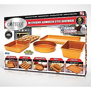 Gotham Steel Non Stick Ceramic Bakeware Set, 5 Piece No Warp & Dishwasher Safe Baking Set, Baking Pans Set with Round & Square Baking Pan, Muffin Pan, Loaf Pan & Baking Sheet for oven, 100% PFOA Free