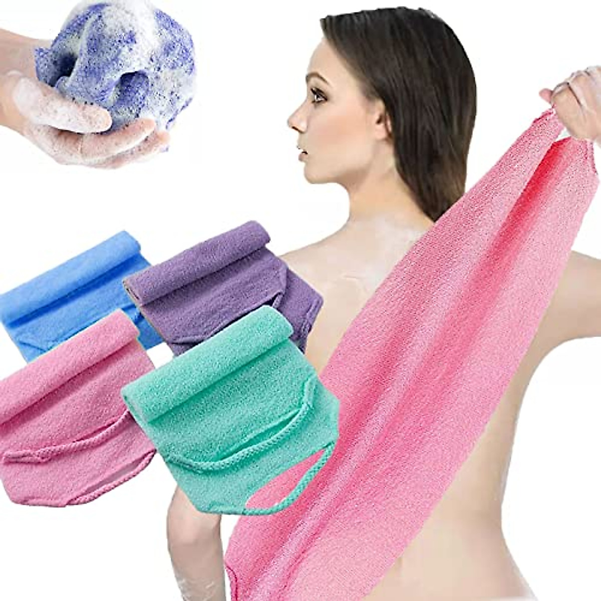 4 Pack Exfoliating Back Scrubber with Handles, Nylon Extended Length Bath Towel Shower Back Washer Exfoliating Washcloth Rear Scrub Stretchable for Body Shower Deep Cleaning Massages