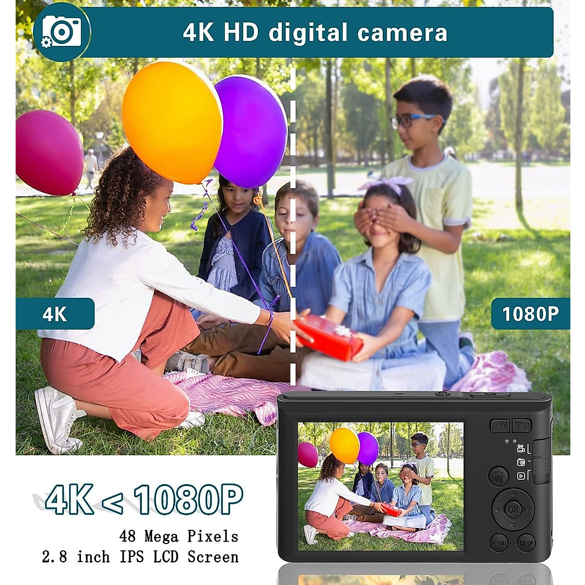 Digital Camera, FHD 1080P 48MP Digital Point and Shoot Camera with 32GB SD Card, 16X Digital Zoom, 2 Batteries, Portable Small Vlogging Camera for Kids, Teens Students, Seniors