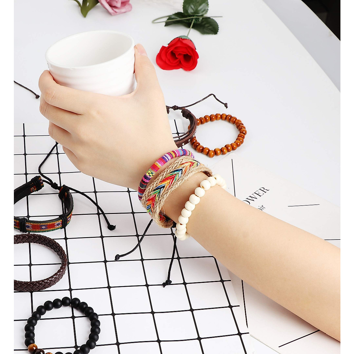 LOLIAS 18Pcs Leather Chakra Bead Tribal Bracelet for Men Women Charm Ethnic Wood Beaded Hemp Bracelets Boho Wristbands