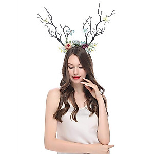 XIDAJIE Deer Antler Flower Crown Headbands Halloween Chritmas Long Antler Flower Branches Headband Props Horns Headpieces Hair Band Photo Shoot Forest Goddess Headdress Headwear, Navy