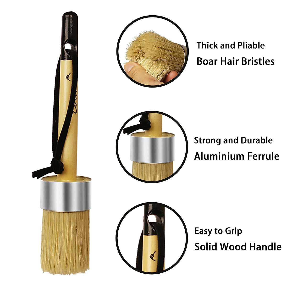 Coltree Chalk Paint Brushes for Furniture, 2 Pcs Boar Hair Bristles Round/Flat Paint Brushes Set, Wax Paint Brushes, Suitable for Chalk Paint and Wax