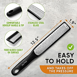 Spring Chef Premium Lemon Zester Grater with Handle - Fruits, Garlic, Chocolate, Nutmeg, Ginger Grater - Heavy Duty Kitchen Tool - Stainless Steel Citrus Zester with Blade Cover - Fine Shred, Black