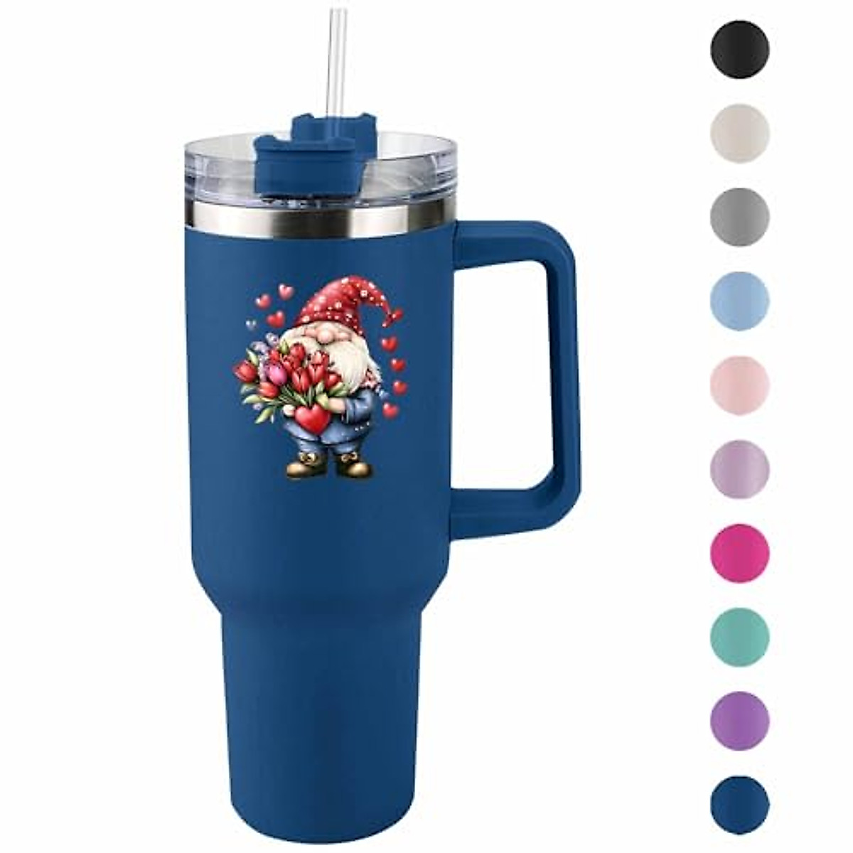 LB LEOBON 40 ounce insulated cup with handle, double-layer vacuum stainless steel material, equipped with straw, can keep warm or maintain cold drinks Gnome Love Bouquet J Cowboy Blue