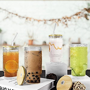 Icesip 4 Pcs 11 oz Drinking Glasses Cups Set with Bamboo Lids Straws Brush Hobnail Drinking Glassware Set for Juice Iced Coffee Beer Cocktail Whiskey