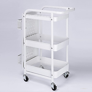 3-Tier Rolling Cart,Metal Utility Cart with Pegboard,Rolling Storage Carts with Wheels for Kitchen Living Room Office by Dailyart