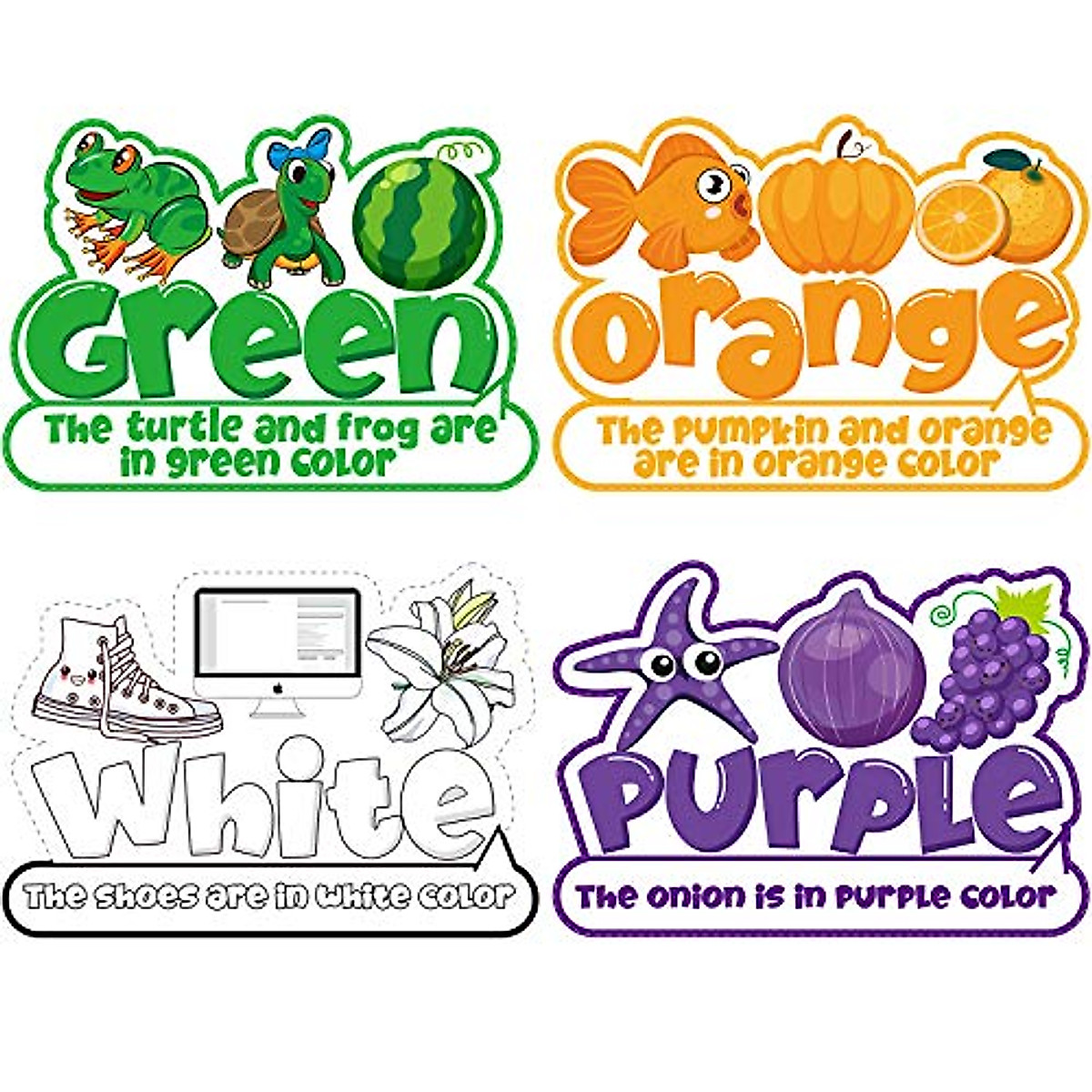 11 Pieces Color Poster for Preschool Classroom Bulletin Board Set Fruit Animal Vegetable Words Learning Color Cutouts with 100 Pcs Glue Point for Toddler Kid Classroom Decorations, 16.5 x 11.5 Inch