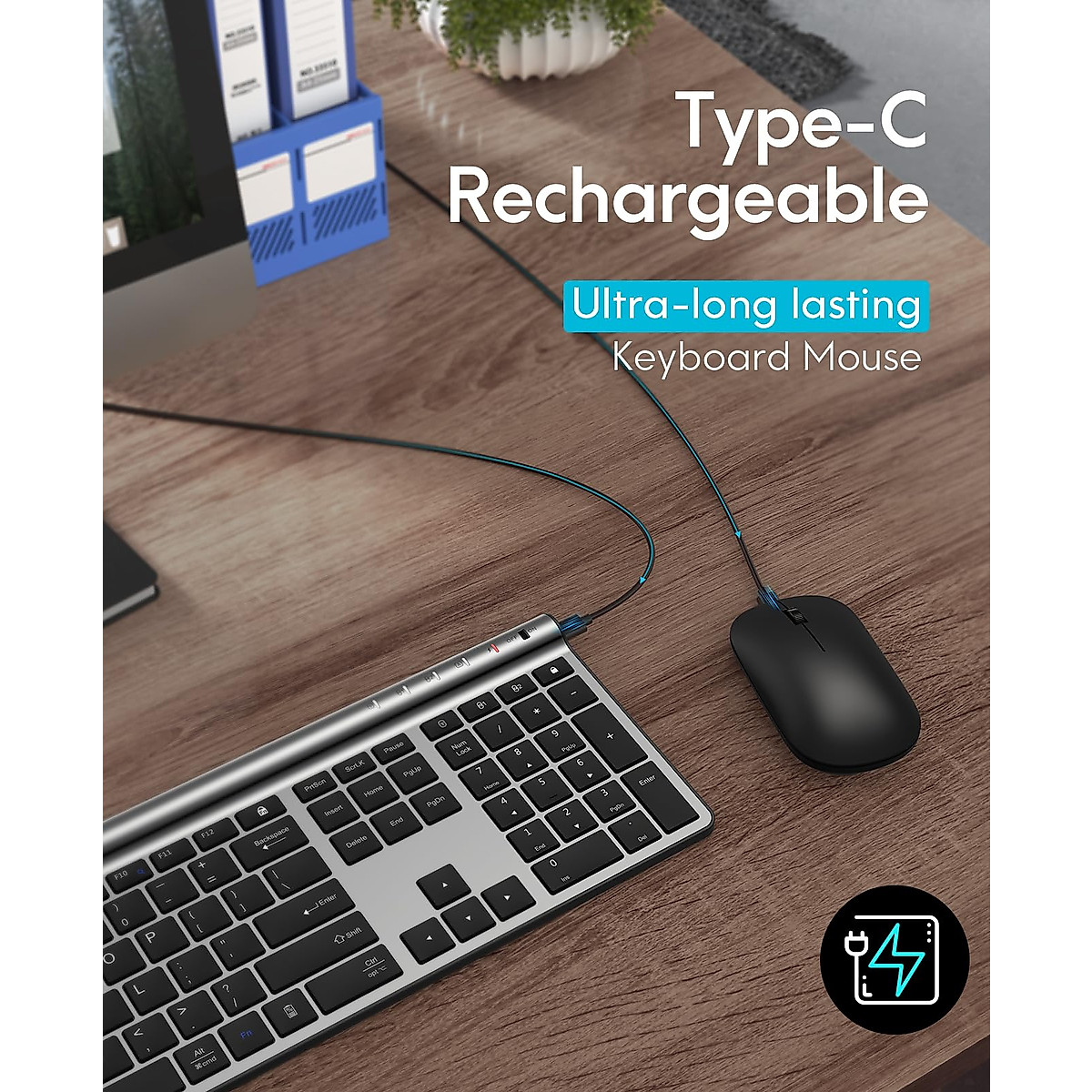Wireless Keyboard and Mouse Combo, CHESONA Bluetooth Rechargeable Full Size Mulit-Device (Bluetooth 5.0+3.0+2.4G) Wireless Keyboard Mouse Combo for Mac OS/iOS/Windows/Android (Silver Black)