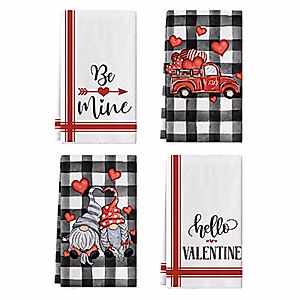 Artoid Mode Buffalo Plaid Gnomes Truck Hello Valentine Kitchen Towels Dish Towels, 18x26 Inch Seasonal Valentine's Day Decoration Hand Towels Set of 4