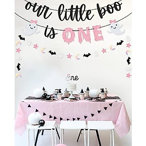 Pink Black Our Little Boo is One Banner One Cake Topper for Pink and Black Halloween Girl 1st Birthday Party Decorations