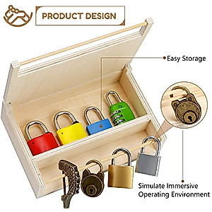 Woodtoe 8 PCS Montessori Lock and Key Toy Set for Toddlers, Wooden Montessori Materials, Homeschool Preschool Keys and Locks Learning, Educational Birthday Toys for 3+ Year Old Kids Boys Girls
