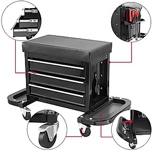 Torin APD2018B Rolling Tool Chest/Tool Box with 3 Drawers and Wheels, Padded Mechanic Stool Creeper Seat, Black