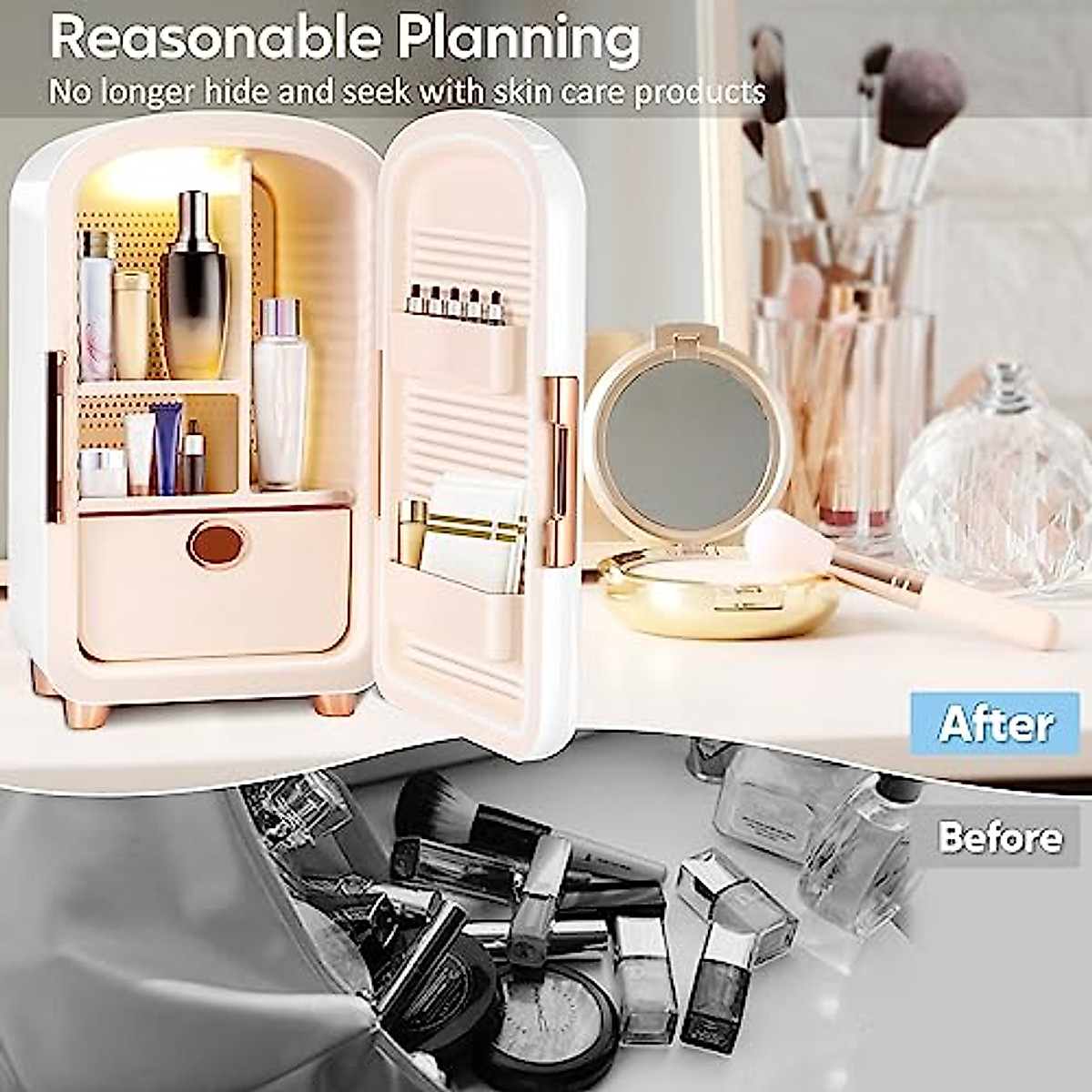 H HUKOER Skincare Fridge Mini Fridge for Bedroom Skincare Fridge with Drawer for Makeup Storage Skin care Tools 12-liter Esthetician Supplies for Bedroom to Cool Down Skincare Products (White)