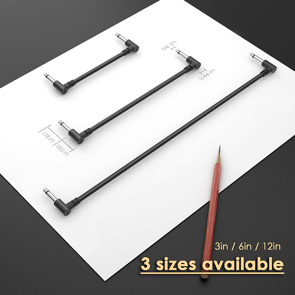 Sovvid 12 Inch 6 Pack Guitar Patch Cables, Black Guitar Pedal Cable Effect Cable Cord, 1/4" inch TS Guitar Patch Cable Right Angle