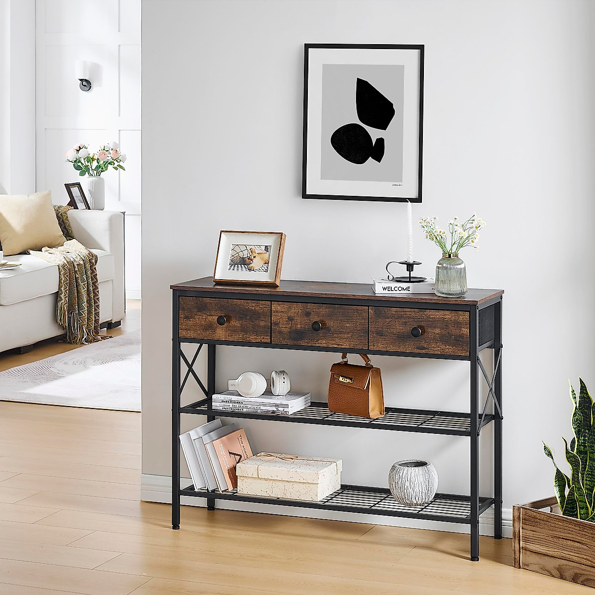 FAVOOSTY Narrow Console Table with 3 Fabric Drawers-39.8" Industrial Entryway Table with 3-Tier Storage Shelves, Thin Sofa Table for Living Room, Hallway, Entry Way, Foyer, Kitchen, Rustic Brown&Black