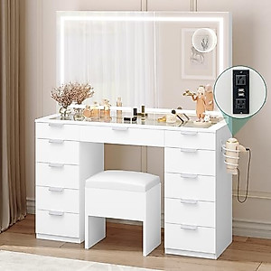YITAHOME Vanity Desk Set with Large LED Lighted Mirror & Power Outlet, Glass Top Vanity with 11 Drawers and Magnifying Glass, 46'' Large Makeup Vanity with Storage Bench, White Vanity for Bedroom