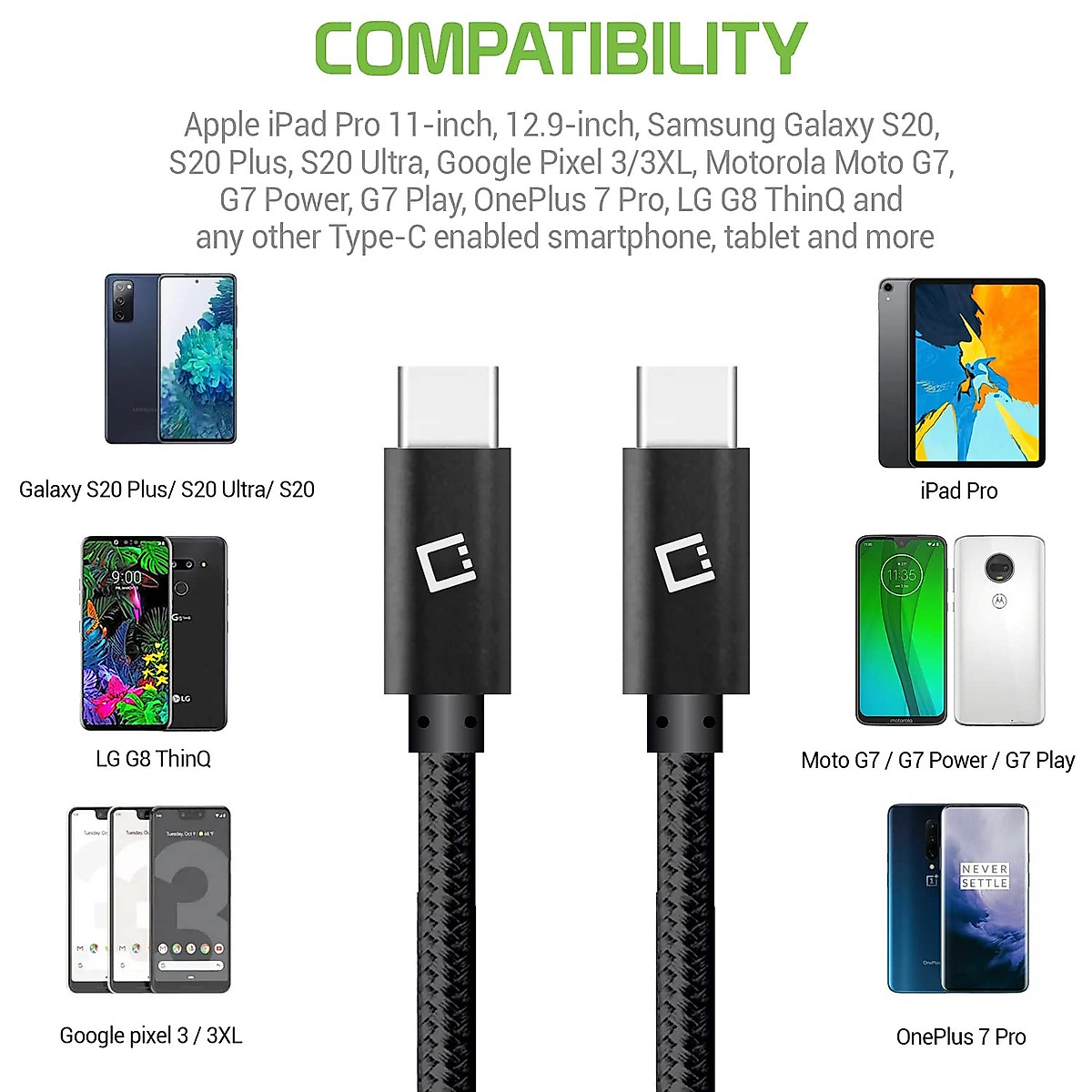 Dual USB-C/PD 60W Fast Charging Cord Compatible with OnePlus Nord N20 5G Plus 5Gbps Data Transfer for Power Delivery Hi Capacity Charging (White)