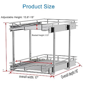 DINDON 2 Tier Pull Out Cabinet Organizer (17" W x 18" D) Heavy-Duty Metal Sliding Drawer Shelf, Two Tier Pull Out Shelves for Kitchen Cabinets, Pantry, Bathroom, Chrome Finish