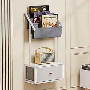 Emfogo Wall Mounted Floating Nightstand, Floating Bedside Table with 3-Tier Vinyl Record Wall Mount, Vintage Natural Wood Floating Shelf for Living Room, Bedroom, Office (White)