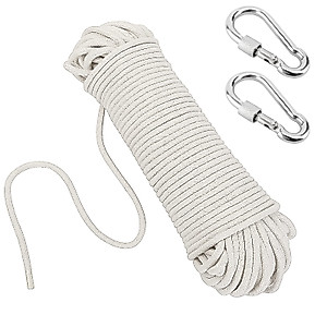 KEILEOHO 1/4 Inch Natural Cotton Rope, 328 FT Length White Clothesline Cord Craft Knitting Thread String Wall Hanging Rope for Garden Plant DIY Decoration Clothes Hanger with 4 Snap Hooks