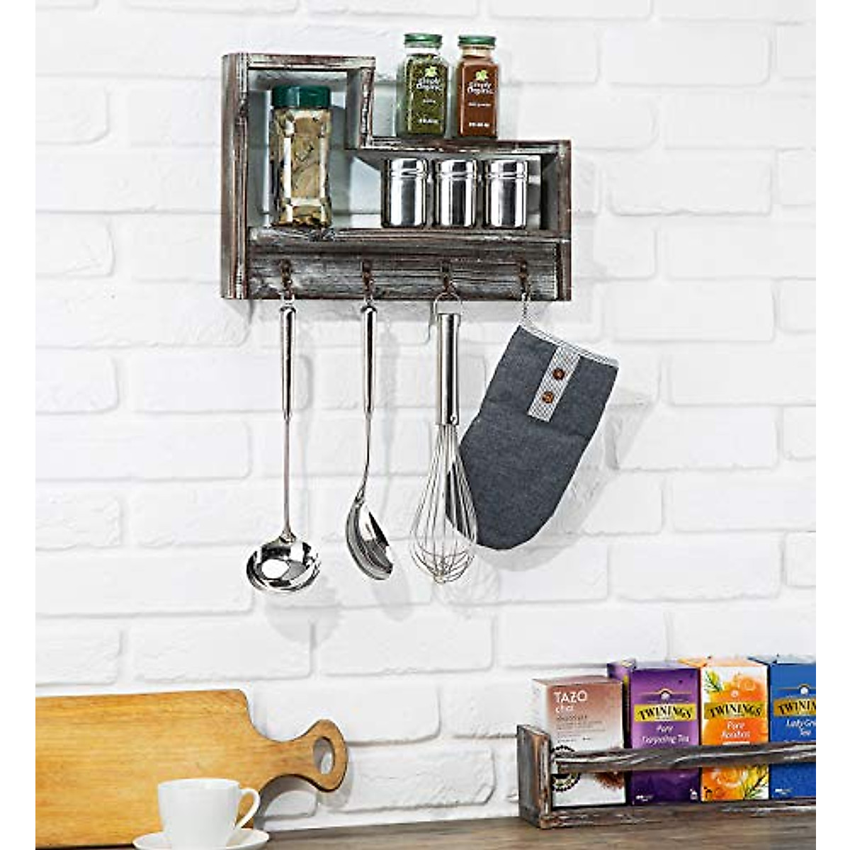 J JACKCUBE DESIGN Wall Mount Entryway Key Holder Rustic Wood Hanging Shelf with 4 Hooks for Keys, Mails, Home Decor Display Wooden Cubby Rack Hanger- MK537A