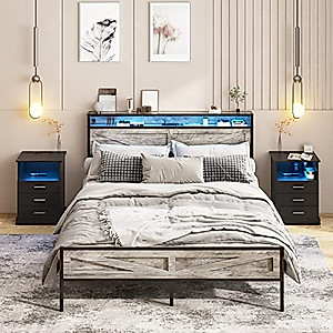 Halitaa LED Full Size Bed Frame with Charging Station, Platform Metal Bed Frame with Headboard Storage & USB Ports Outlets, Farmhouse Bed Frame with Lights for Bedroom, Noise Free, Wash Grey (Full)