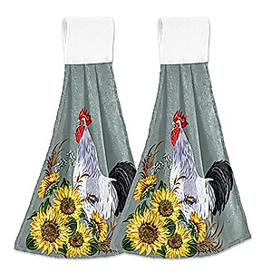 SLHKPNS Spring Chicken Rooster Hanging Kitchen Towels,Sunflowers Farmhouse Absorbent Tie Hand Towel with Loop 2 PCS Kitchen Linen Sets for Bathroom Restroom Home Decor, Multicolor, 12x17in