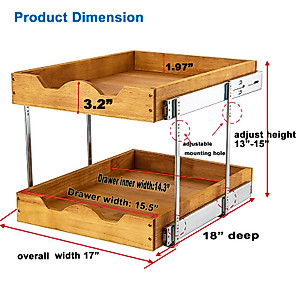 DINDON 2 Tier Wood Pull Out Cabinet Organizer (17" W x 18" D) Heavy-Duty Metal Sliding Drawer Shelf, Two Tier Pull Out Shelves for Kitchen Cabinets, Pantry, Bathroom…