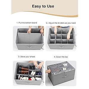 Large Shoe Organizer for Closet (L22in x W17in x H13in)- Adjustable Shoe Storage Bins, Fits 12 Pairs Different Sized Shoes, Foldable Shoe Box Storage Containers with Clear Cover-Shoes Holder, Gray