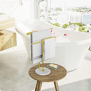 Alsonerbay Hand Towel Holder Marble, Double T Hand Towel Stand for Bathroom Counter Gold, 17" Height Free Standing Hand Towel Rack with Heavy Base for Kitchen or Vanity Countertop