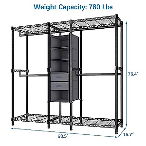 VIPEK V6E Heavy Duty Clothes Rack with 6-Shelf Hanging Closet Organizer, Portable Metal Clothing Rack Large Freestanding Closet Wardrobe for Bedroom, Max Load 780 LBS, Black